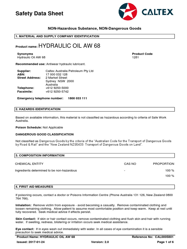 Hydraulic Oil Aw 68-Sds | PDF | Dangerous Goods | Toxicity