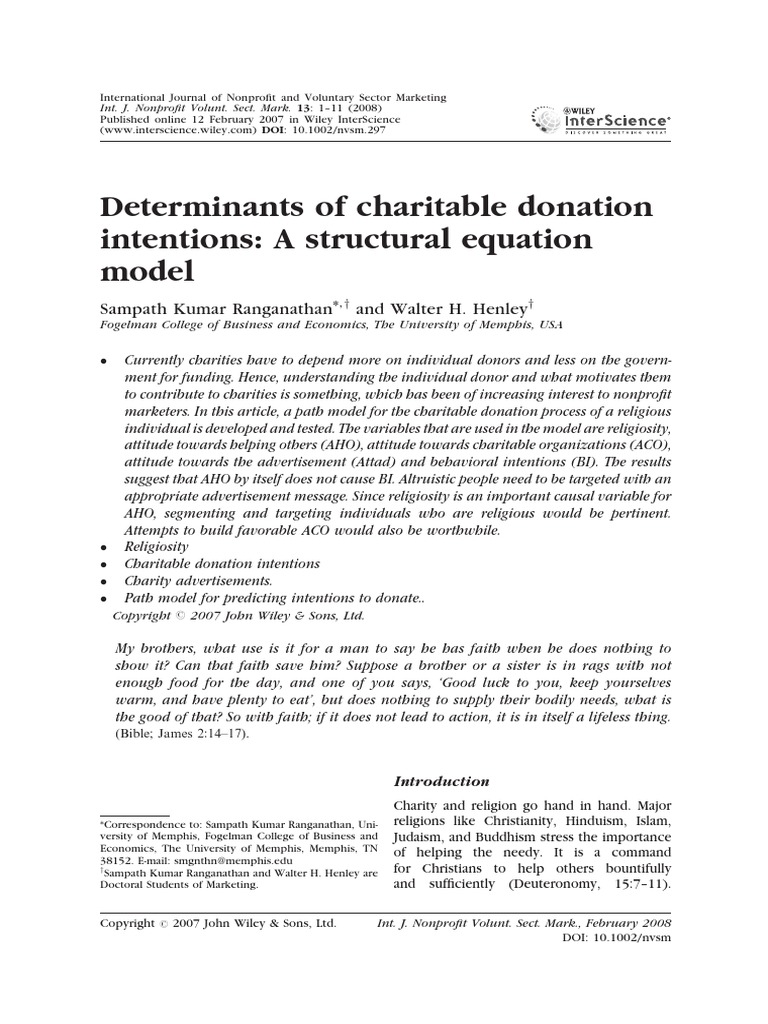 Determinants of Charitable Donation Intentions A Structural Equation ...