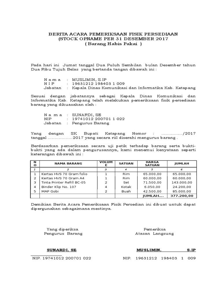 Ba Pemeriksaan Fisik Atas Persedian Stock Opname 2017 | PDF