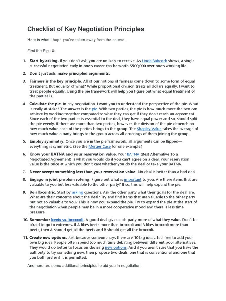 Checklist of Key Negotiation Principles | PDF | Negotiation | Psychology