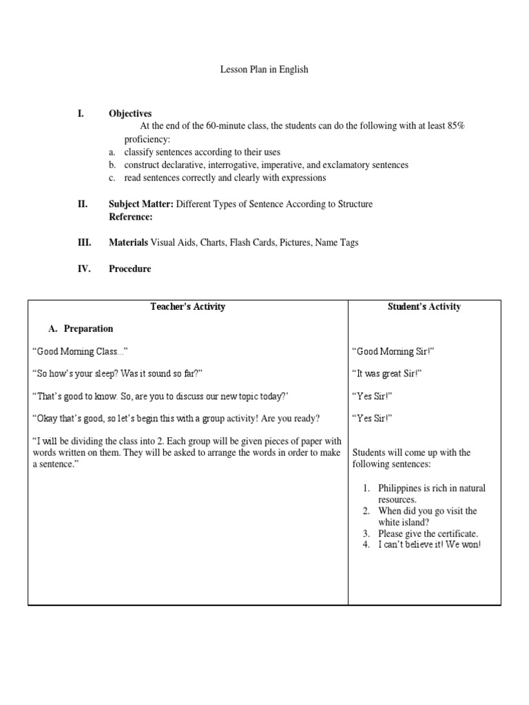 Lesson Plan On Sentence Structure | PDF | Question | Sentence (Linguistics)