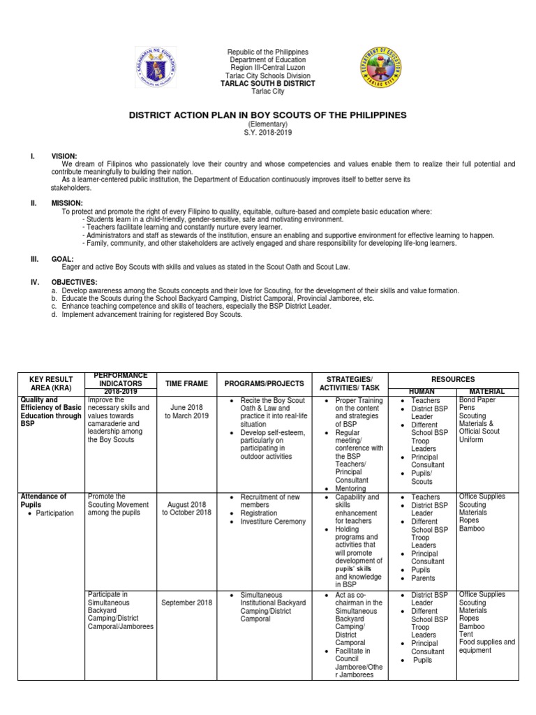District Action Plan for BSP 2018-2019 | PDF | Scouting | Boy Scouts Of ...