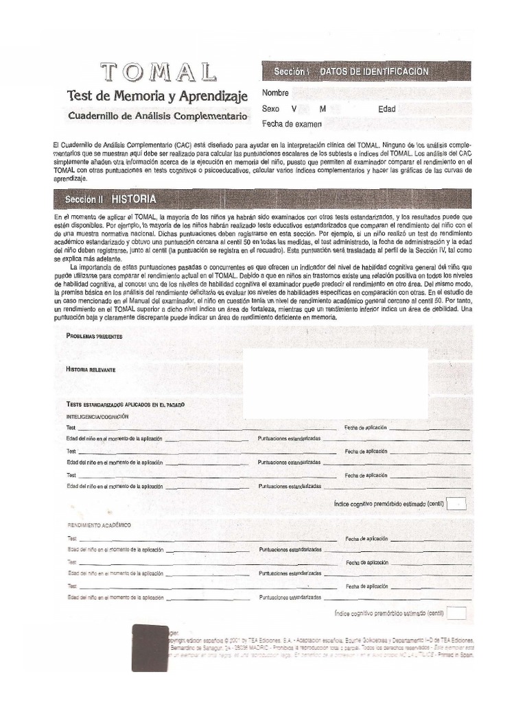 Cuadernillo de Análisis Complementario Test (TOMAL) PDF | PDF