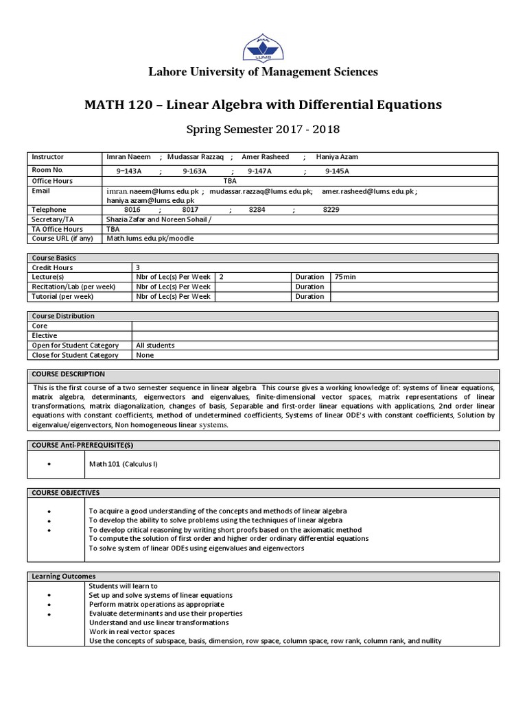 Linear Algebra Syllabus | Download Free PDF | Linear Map | Matrix (Mathematics)