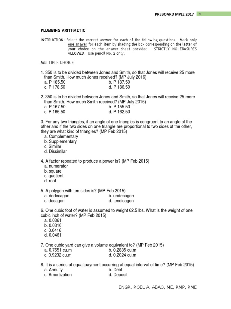 Plumbing Arithmetic Preboard Sample 2017 | PDF | Triangle | Area