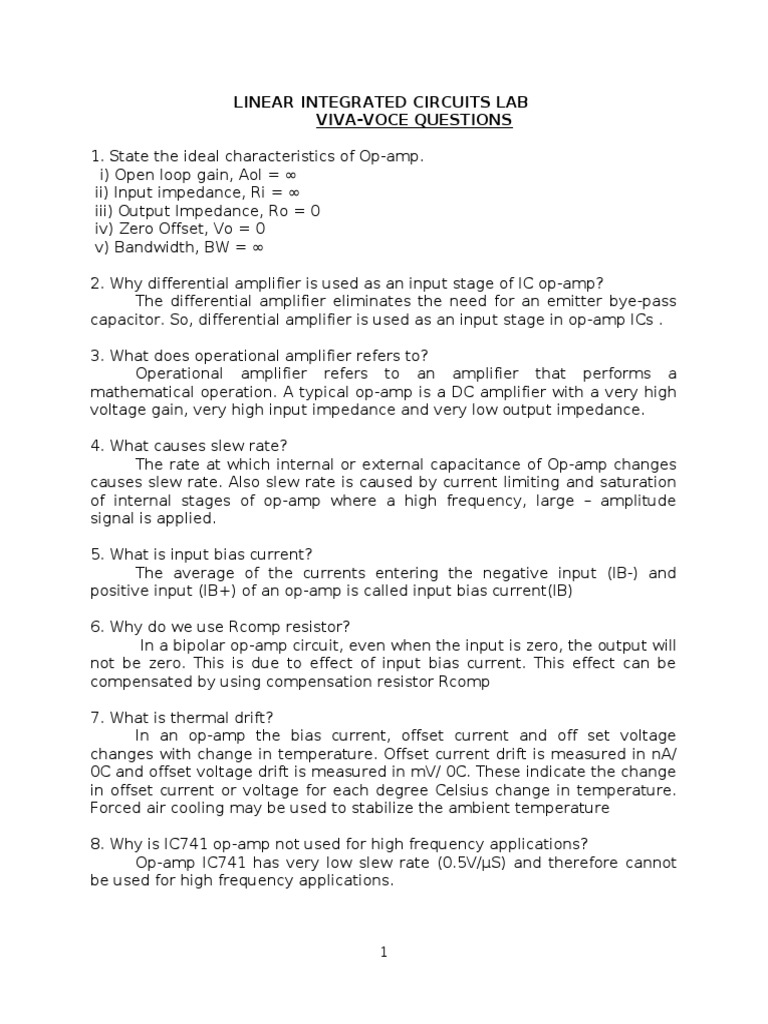 Linear Integrated Circuits Lab Viva-Voce Questions | PDF | Operational ...