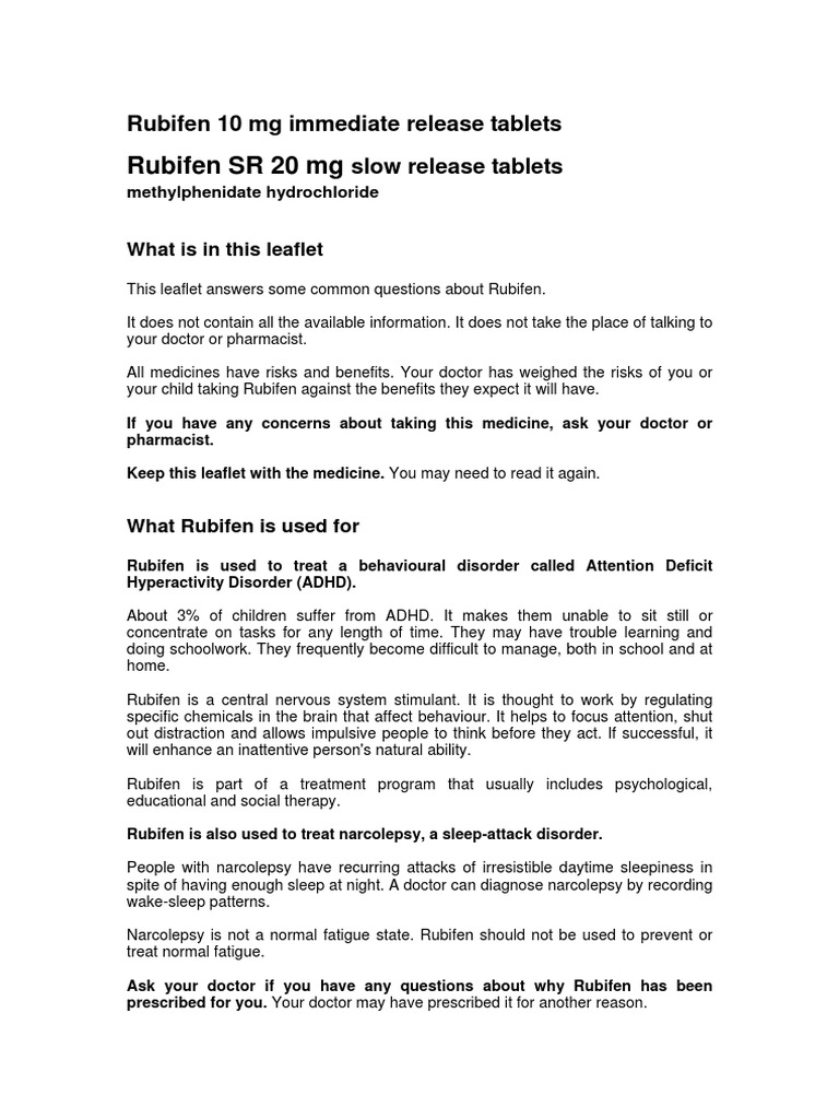 Rubifen 10 MG Immediate Release Tablets | PDF | Attention Deficit ...