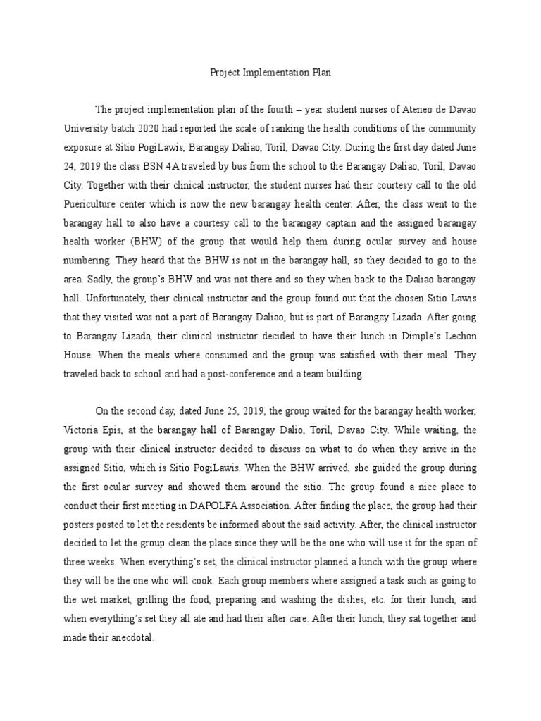 Project Implementation Plan | PDF | Hygiene | Health Care