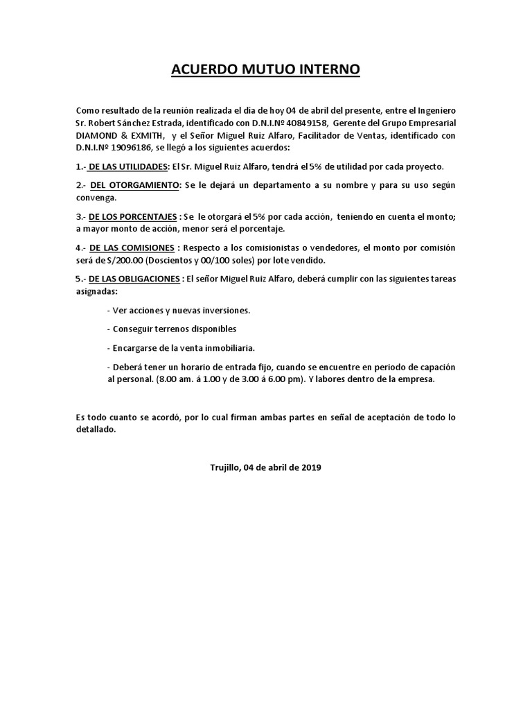 Acuerdo Mutuo Interno | PDF
