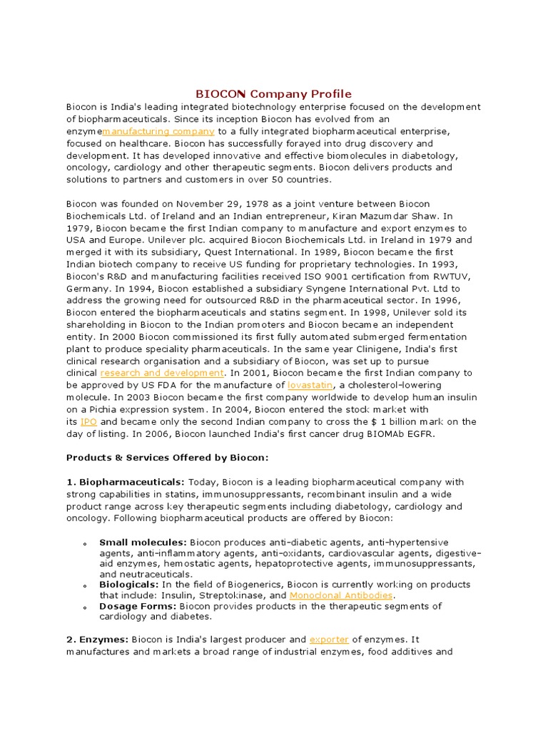 Biocon: An Indian Leader in Biopharmaceuticals | PDF | Chemistry | Acid