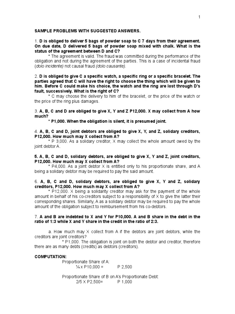 Oblicon Sample Problems With Suggested Answers | PDF | Debtor | Debt