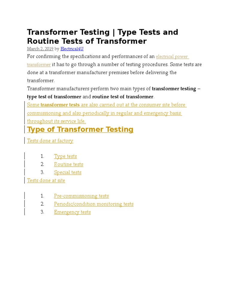Transformer Testing - Type Tests and Routine Tests of Transformer | PDF ...