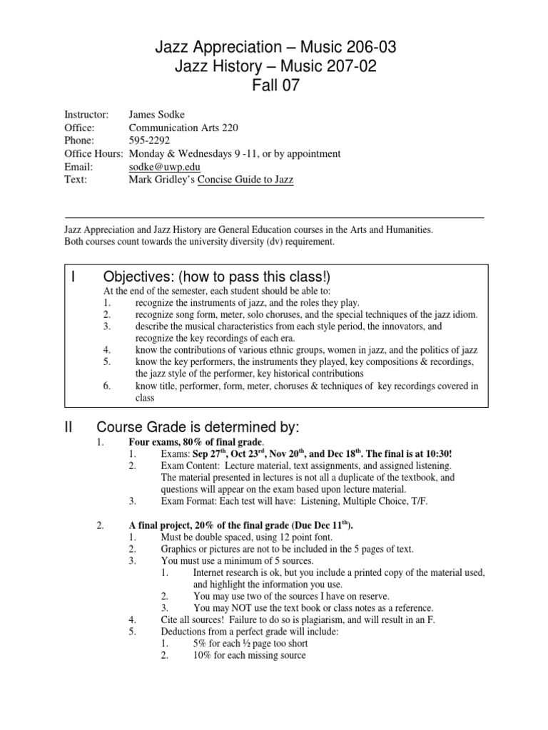 Jazz Appreciation - Music 206-03 Jazz History - Music 207-02 Fall 07 ...