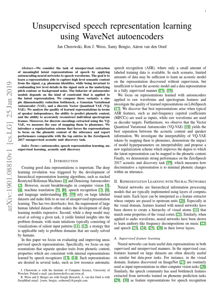 Unsupervised Speech Representation Learning Using Wavenet Autoencoders | PDF | Speech ...