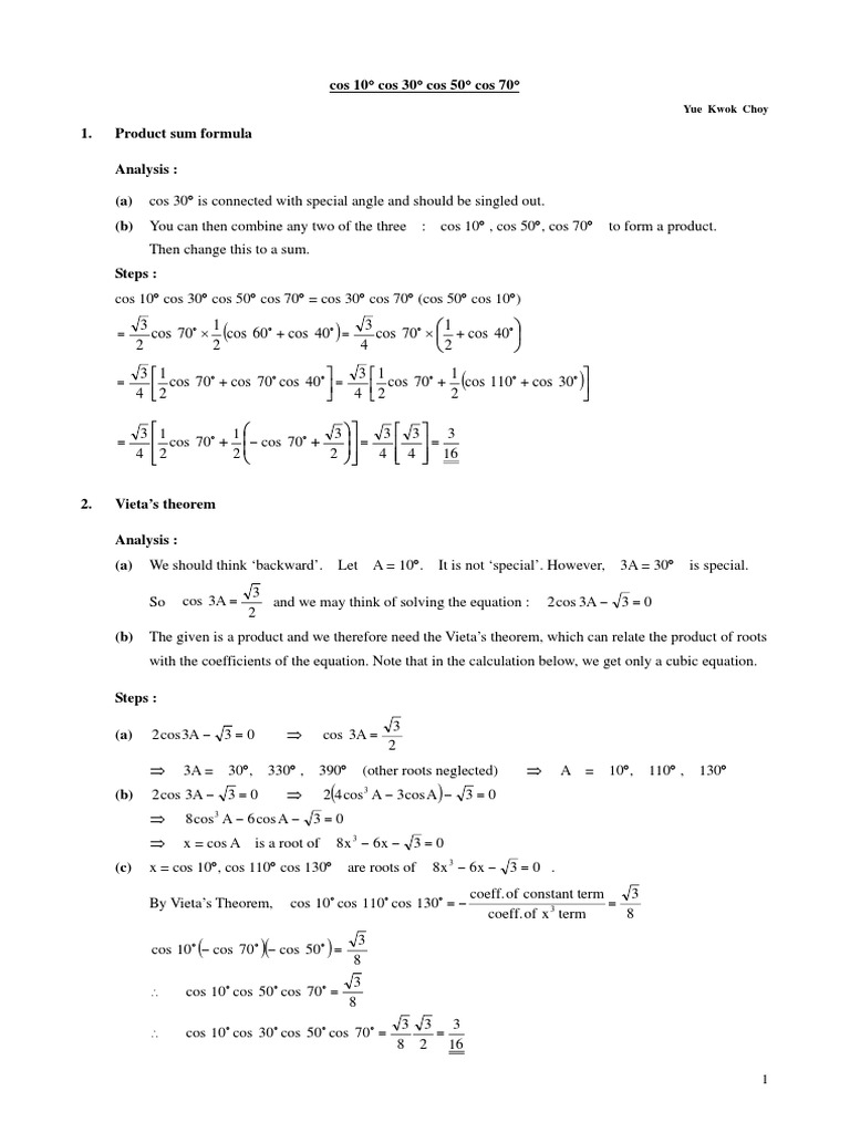 Cos 10 Cos 30 Cos 50 Cos 70 | Download Free PDF | Zero Of A Function ...