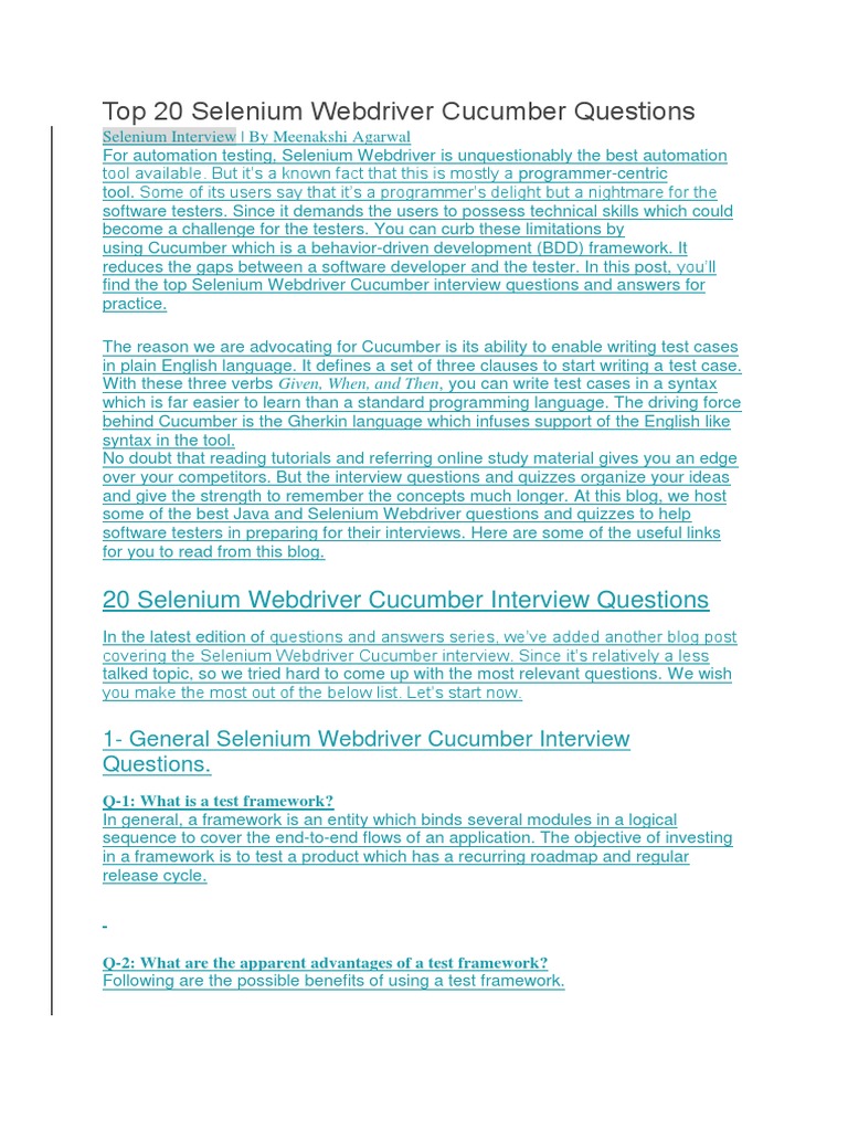 20 Selenium Webdriver Cucumber Interview Questions Pdf Selenium Software Software Testing