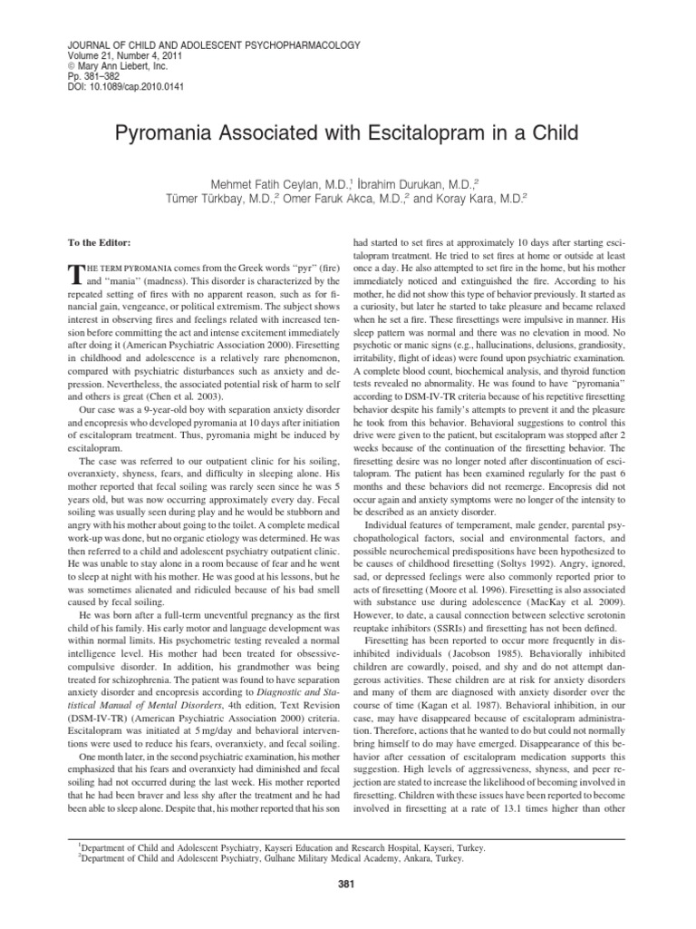 Pyromania Associated With Escitalopram in A Child | PDF | Selective ...