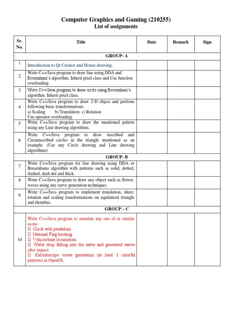 Computer Graphics and Gaming (210255) : List of Assignments | PDF ...