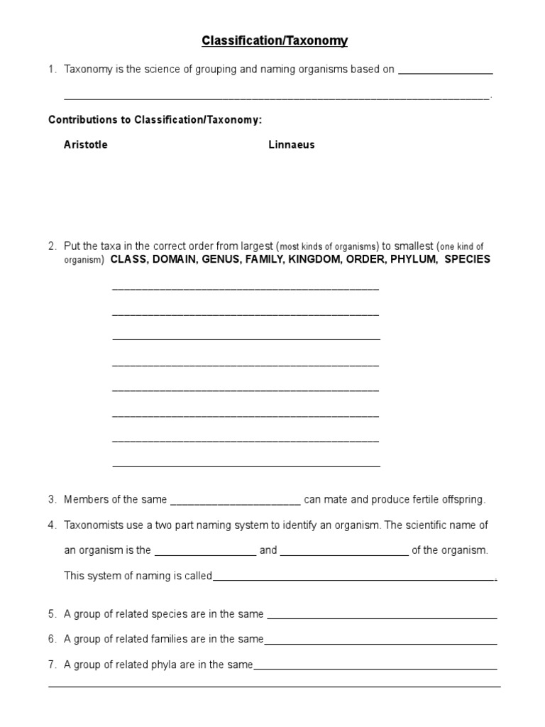Kingdom Classification Worksheet
