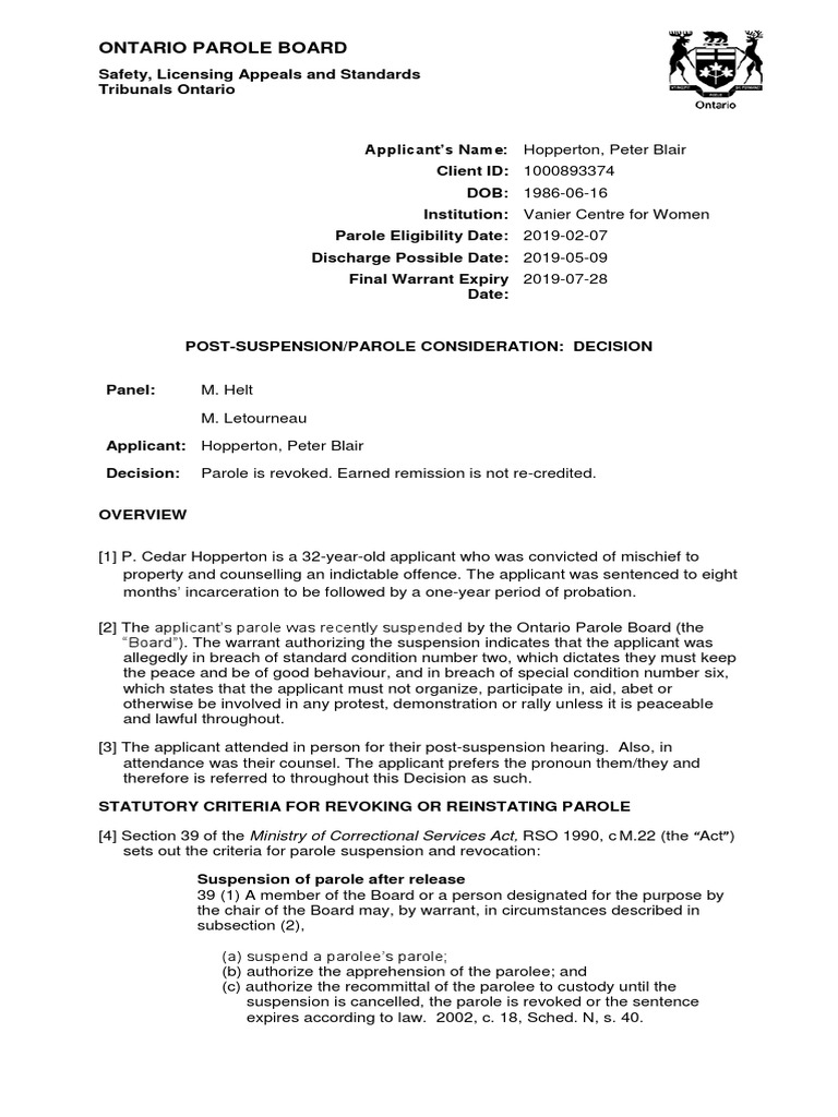 Parole Decision: Cedar Hopperton | PDF | Parole | Mens Rea