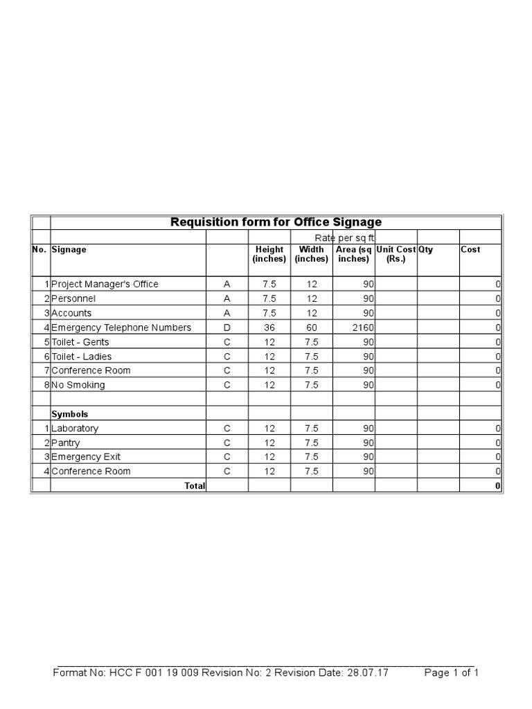 Requisition Form For Office Signage: No. Signage Qty Cost Height ...