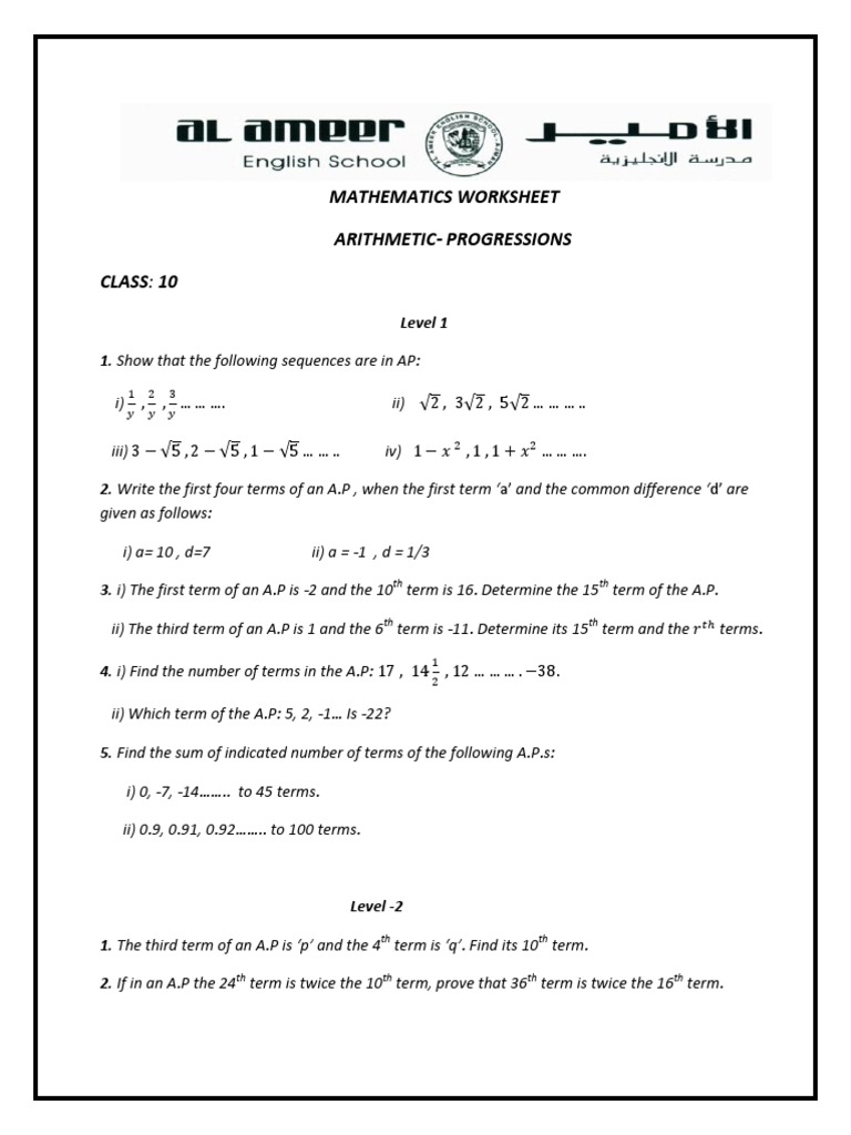 Mathematics Worksheet Arithmetic-Progressions CLASS: 10: Ii) Iv) | PDF ...