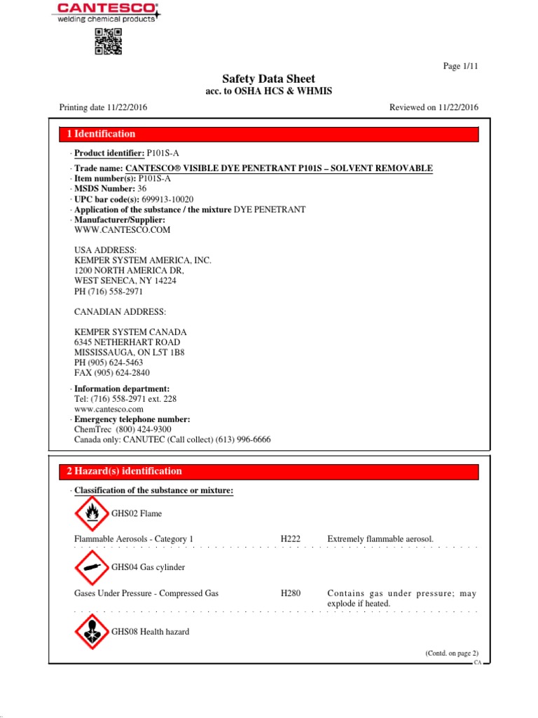 Cantesco Visible Dye Penetrant p101s | PDF | Dangerous Goods | Solvent