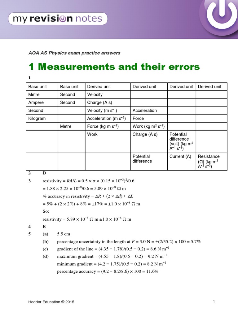 1 Measurements and Their Errors: AQA AS Physics Exam Practice Answers | PDF