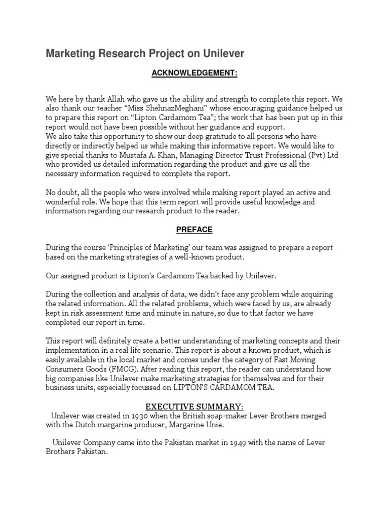 Marketing Research Project On Unilever | Download Free PDF | Tea | Unilever