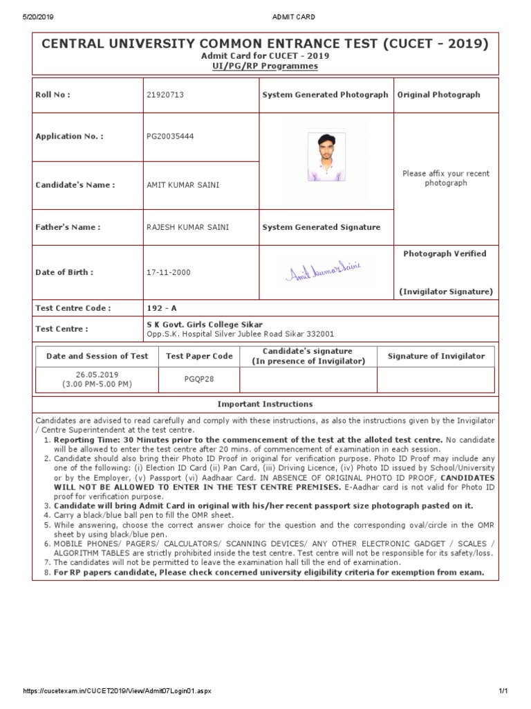 Admit Card Cucet Amit PDF | PDF | Identity Document | Test (Assessment)