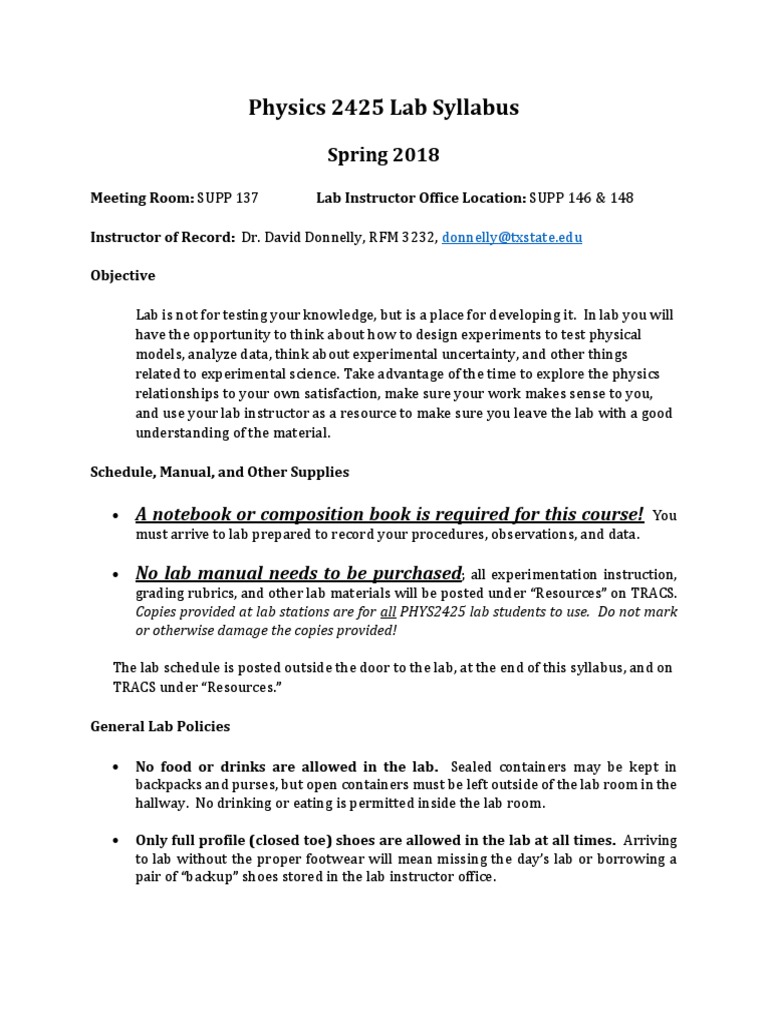 Physics 2425 Lab Syllabus | PDF | Rubric (Academic) | Syllabus