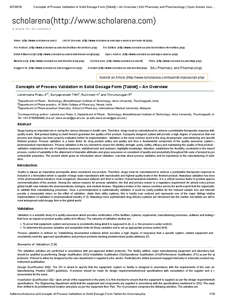 Concepts of Process Validation in Solid Dosage Form (Tablet) - An ...