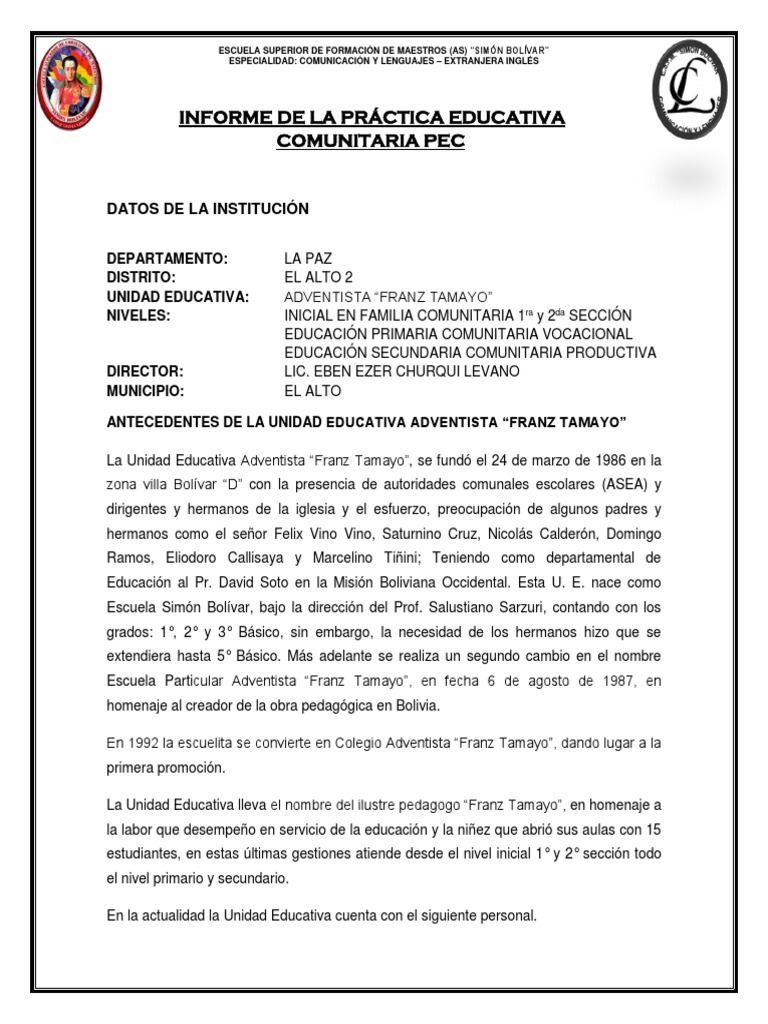 Informe de La Práctica Educativa Comunitaria PEC 2019 | PDF | Maestros | Evaluación neuropsicológica