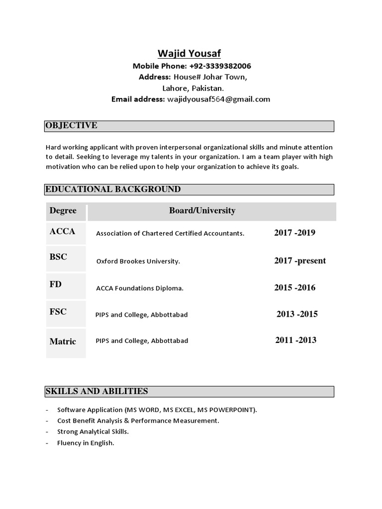 Wajid Yousaf - ACCA Graduate CV | PDF