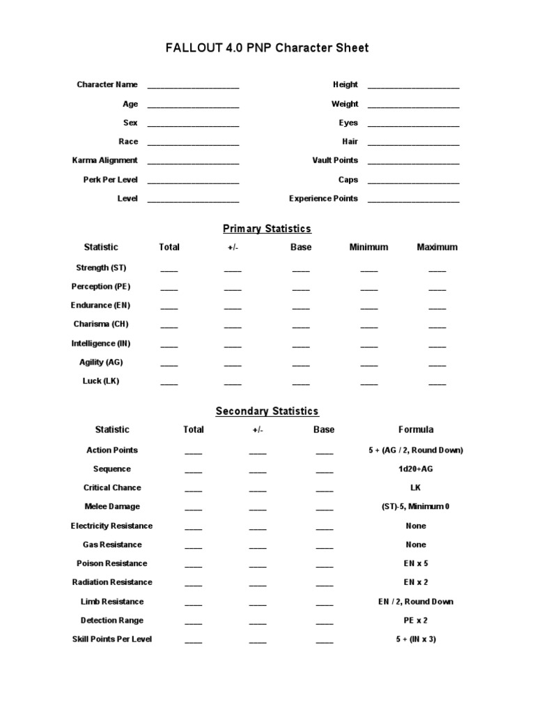 Fallout 4.0 PNP Character Sheet | PDF | Ammunition | Leisure