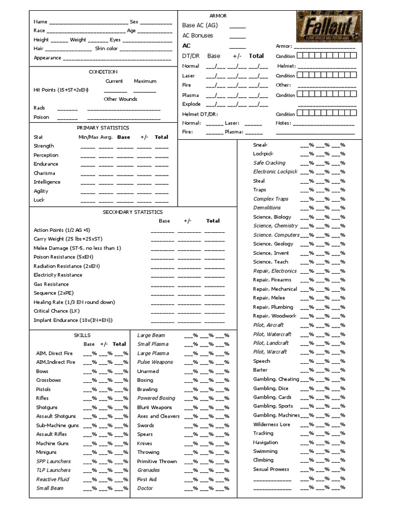 Fallout RPG Character Sheet Template | PDF | Ammunition | Firearms