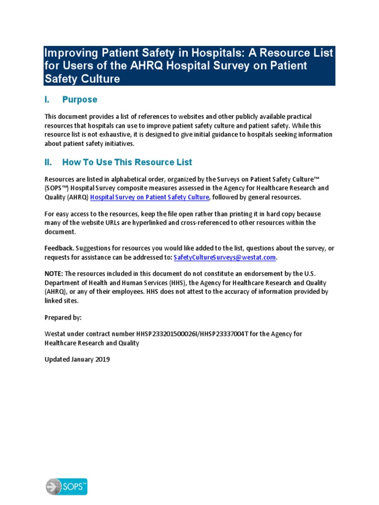Improving Patient Safety in Hospitals: A Resource List For Users of The ...