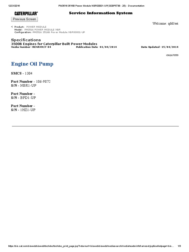 Engine Oil Pump PM3516 3516B Power Module NBR00001-UP | PDF | Gear ...