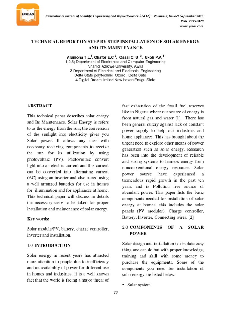 Technical Report On Step by Step Installation of Solar Energy and Its ...