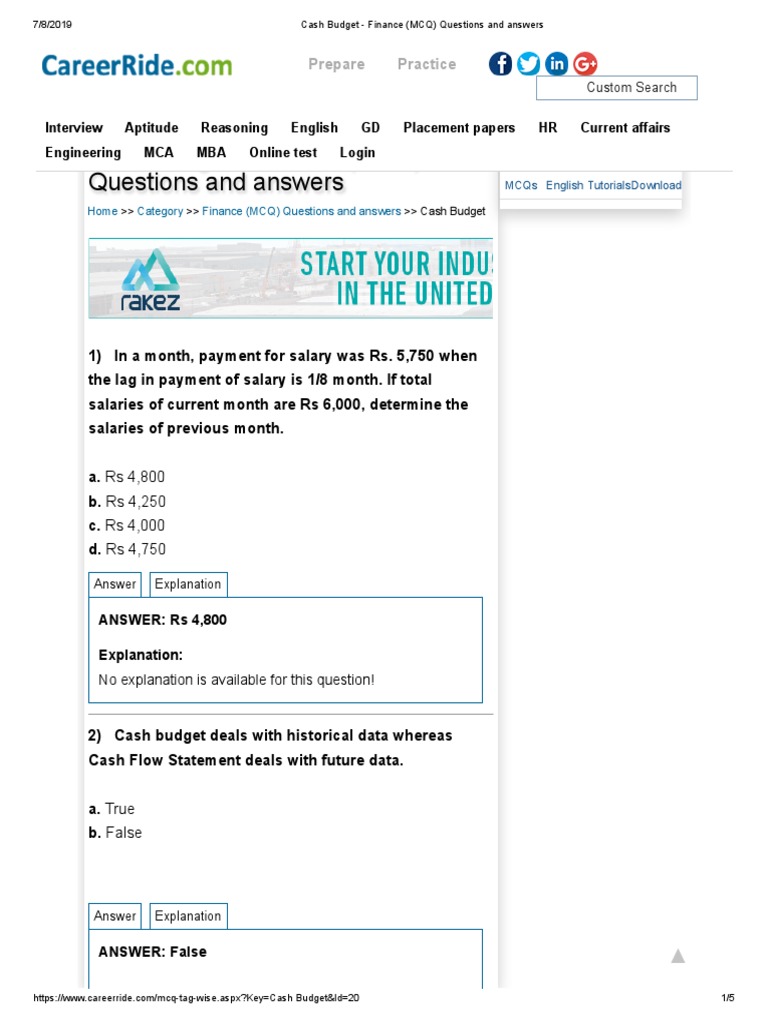 Cash Budget - Finance (MCQ) Questions and Answers | PDF | Balance Sheet ...