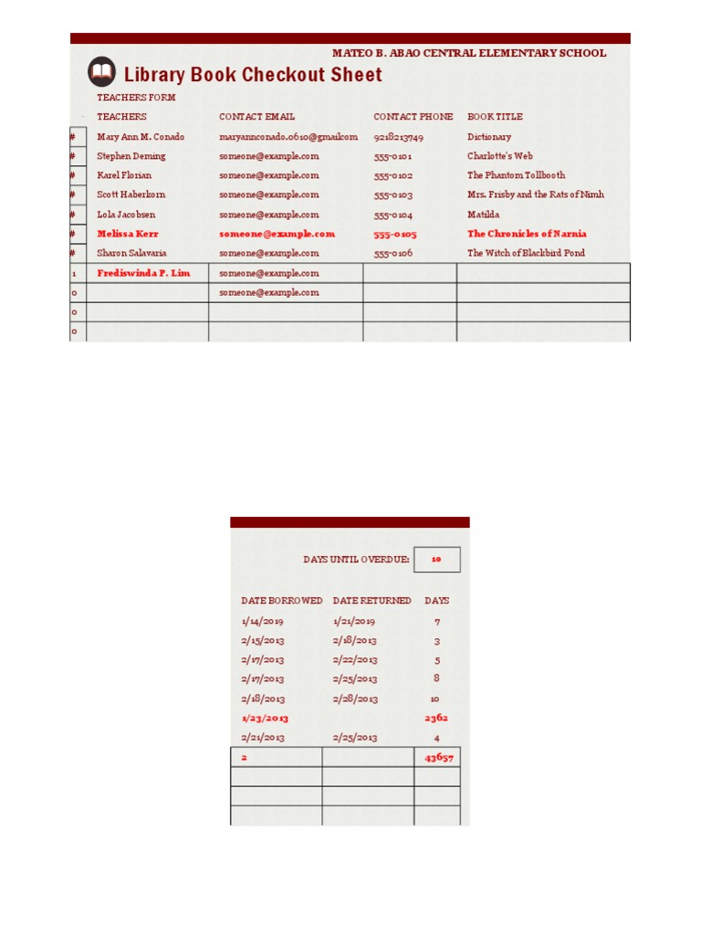 Library Book Checkout Sheet: Mateo B. Abao Central Elementary School | PDF