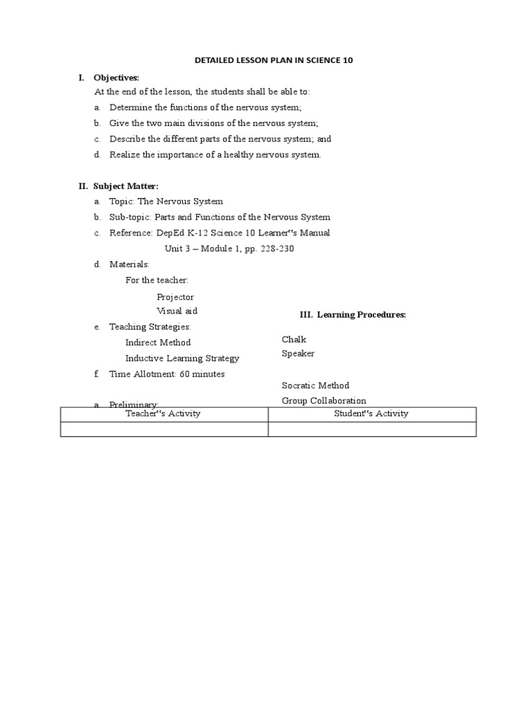 Science 10 Lesson Plan: Nervous System | PDF | Central Nervous System ...