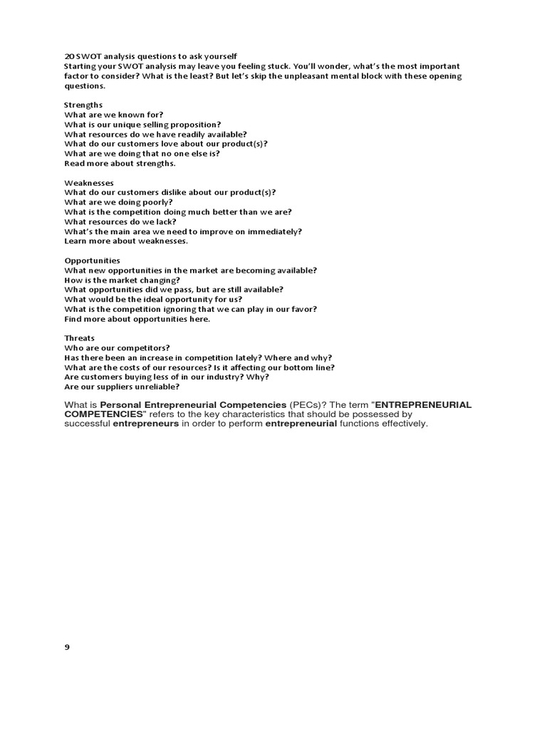 20 SWOT Analysis Questions To Ask Yourself | PDF | Swot Analysis ...