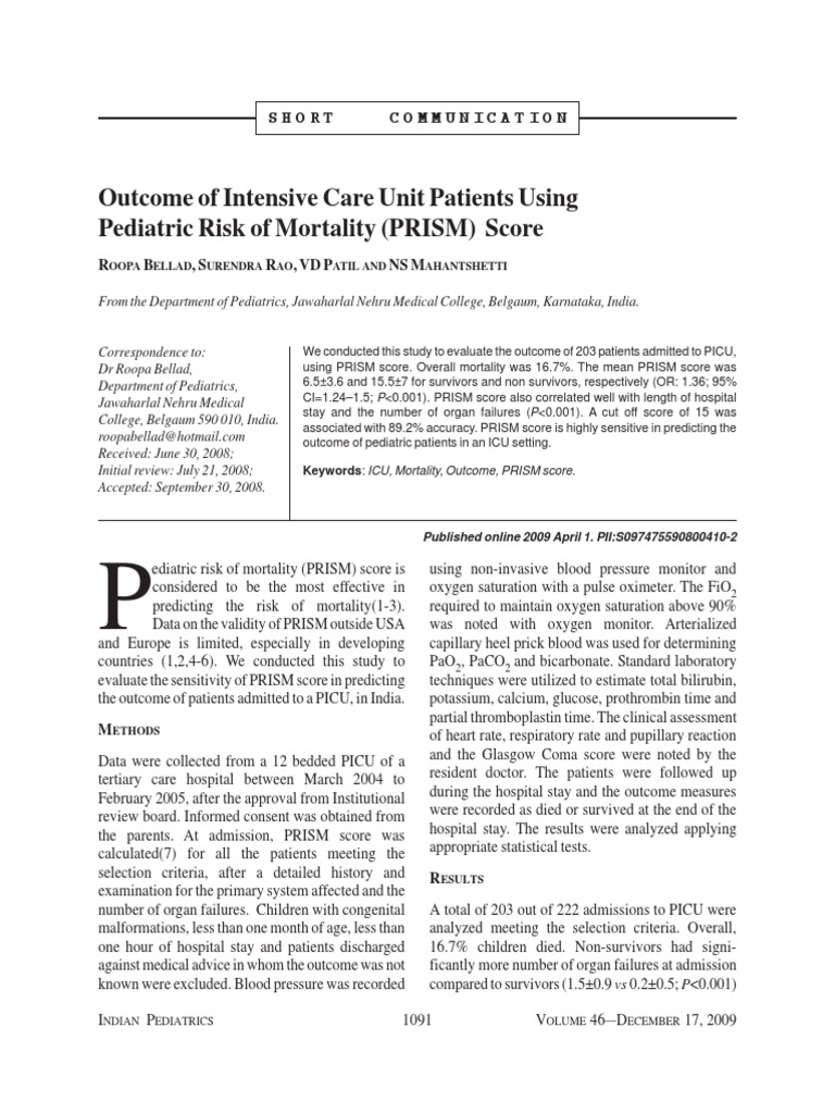 Outcome of Intensive Care Unit Patients Using Pediatric Risk of ...