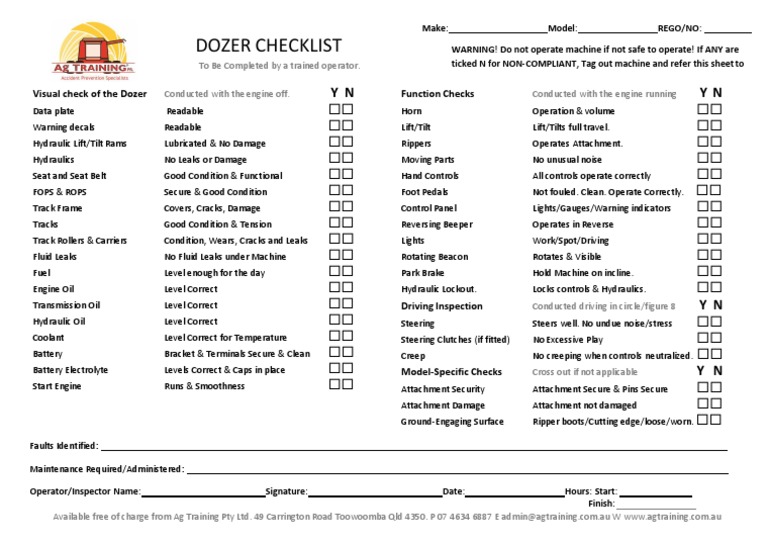 Dozer Checklist: Y N Y N | PDF | Machines | Vehicles