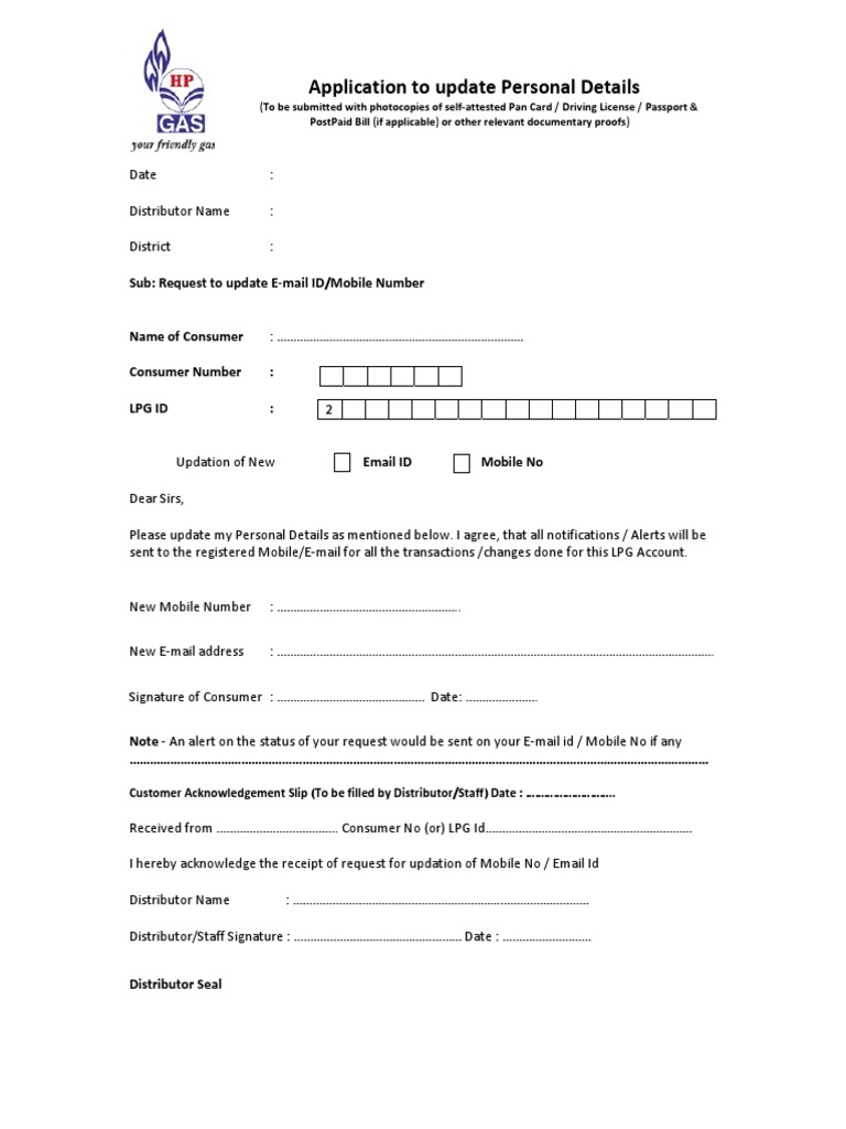 HP GAS - Application To Update Personal Details | PDF | Finance & Money ...