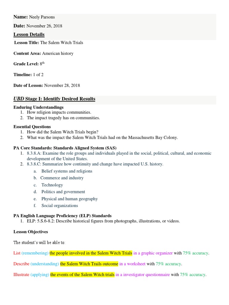 The Salem Witch Trials Lesson Plan | PDF | Teachers | Worksheet