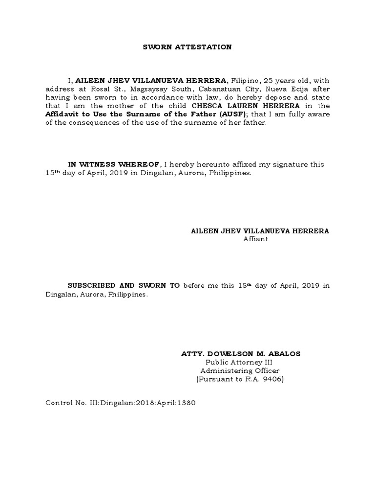 Sworn Attestation For AUSF Herrera | PDF