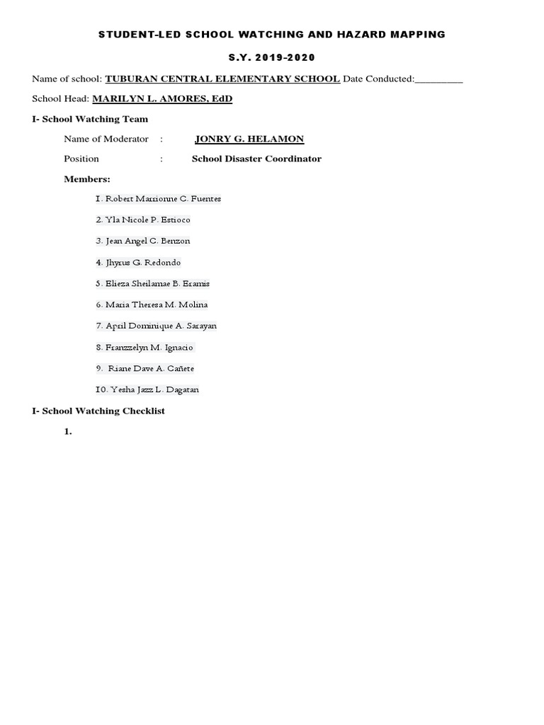 Student-Led School Watching and Hazard Mapping S.Y. 2019-2020 | PDF