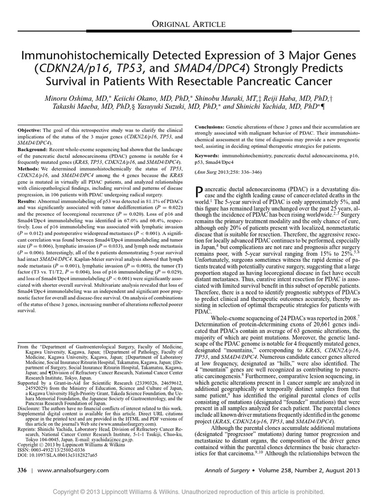 Immunohistochemically Detected Expression of 3 Major Genes (CDKN2A/p16, TP53, and SMAD4/DPC4 ...